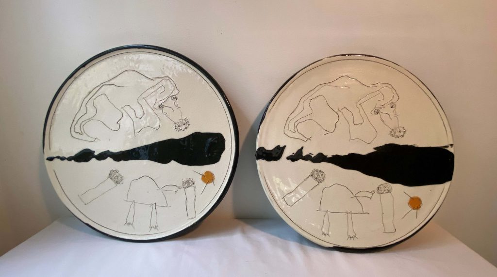 Set of Two Cow Plates with Black Stroke - Don Reitz